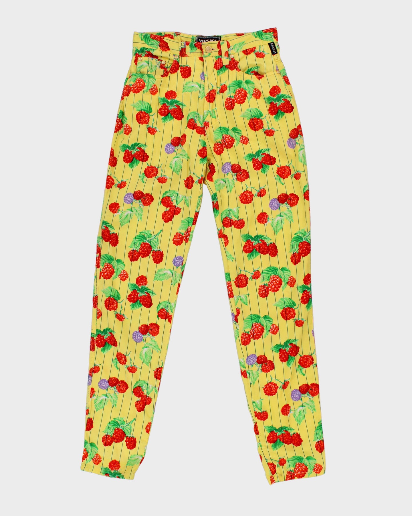 Vintage 90s Versace Jeans Couture Yellow Raspberry Print Trousers - W2 ...