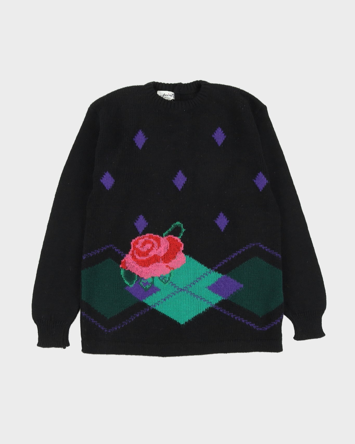 Black With Rose Pattern Knitted Jumper - S – Rokit